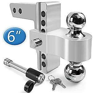 Tlvuvmo Adjustable Trailer Hitch - 6 Inch Drop Hitch Ball Mount for 2 Inch Receiver, 12,500 GTW, 2" and 2-5/16" Stainless Steel Tow Balls, Aluminum Tow Hitch with Double Anti-Theft Pins Locks