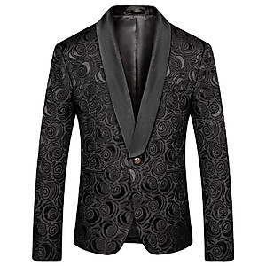 Men's Floral Jacquard Dress Suit Jacket 1 Button Paisley Embroidered Tuxedo Shawl Lapel Blazer for Dinner,Wedding (Black,Medium)