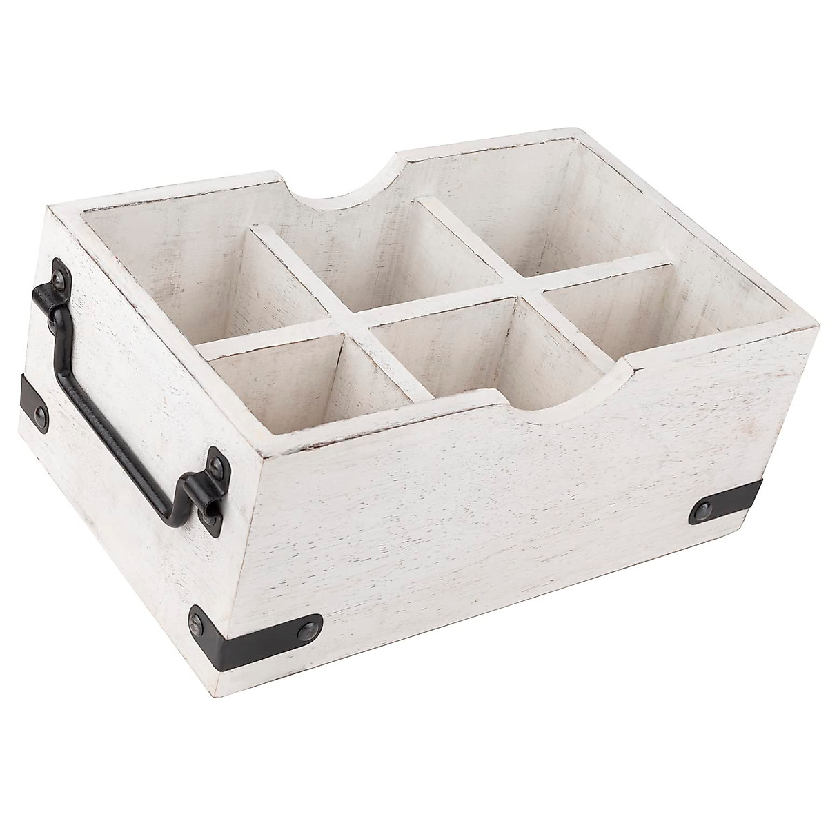 GoCraft 6 Compartment Flatware Caddy, Multipurpose Organiser for Kitchen Cutlery, Dining Silverware Condiments, Arts, Makeup Brushes, White Washed Mango Wood Caddy with Metal Handles