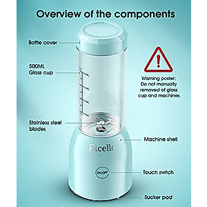 Facelle Smoothie Blender, 400W Powerful Personal Blender, 17Oz Personal Size Blender with 4 Sharp Stainless Steel Blades, Smart Switch Portable Blender for Shakes Frozen Drinks Smoothies Food Juices