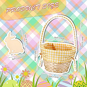 4 Pcs Easter Basket Picnic Basket Woven Basket with Handle Wooden Cute Baskets for Wood Basket Picnic Hamper Easter Eggs and Candy Basket with 4 Bags Lafite Grass 4 Pcs Rabbit Wood Chips (Plaid)