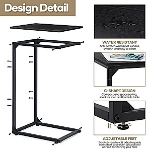 Nandae C Shaped End Table, Rustic Tray Side Table Bedside Table with Metal Frame for Laptop, Snack, Sofa Couch, Bed Living Room Bedroom, Black