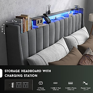 Anyhave Queen Bed Frame with 2 Storage Drawers and Luxury Wingback Upholstered Button Tufted Storage Headboard,Charging Station,Storage Headboard & LED Lights,Remote Control/Noise-Free-Dark Gray