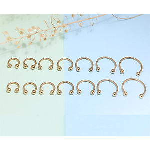 16G Horseshoe Septum Nose Nostril Ring Hoop, 7 Pairs Circular Curved Barbell Externally Threaded, 14K Gold Plated Surgical Steel Small Body Piercing Jewelry Set for Lip Daith Tragus Helix Cartilage Rook Multiple Piercing Smiley ( Ball, 6MM - 14MM)