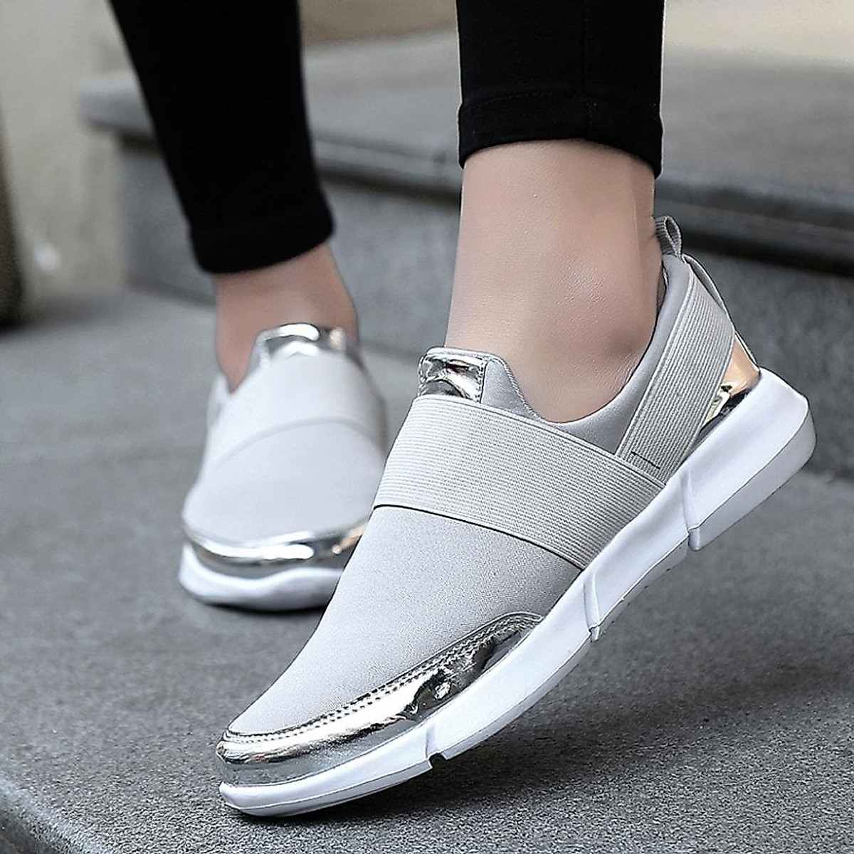 IEason-shoes, Women Mesh Casual Loafers Breathable Flat Shoes Soft Running Shoes Gym Shoes (8.5, Gray)