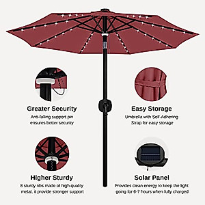 EAST OAK Patio Umbrella, 9 ft Outdoor Table Umbrella with 40 LED Solar Lights and 8 Ribs, 1.9inch Aluminum Pole, UPF 50+ Fade Resistant and Push Button Tilt for Deck and Poolside, Wine Red