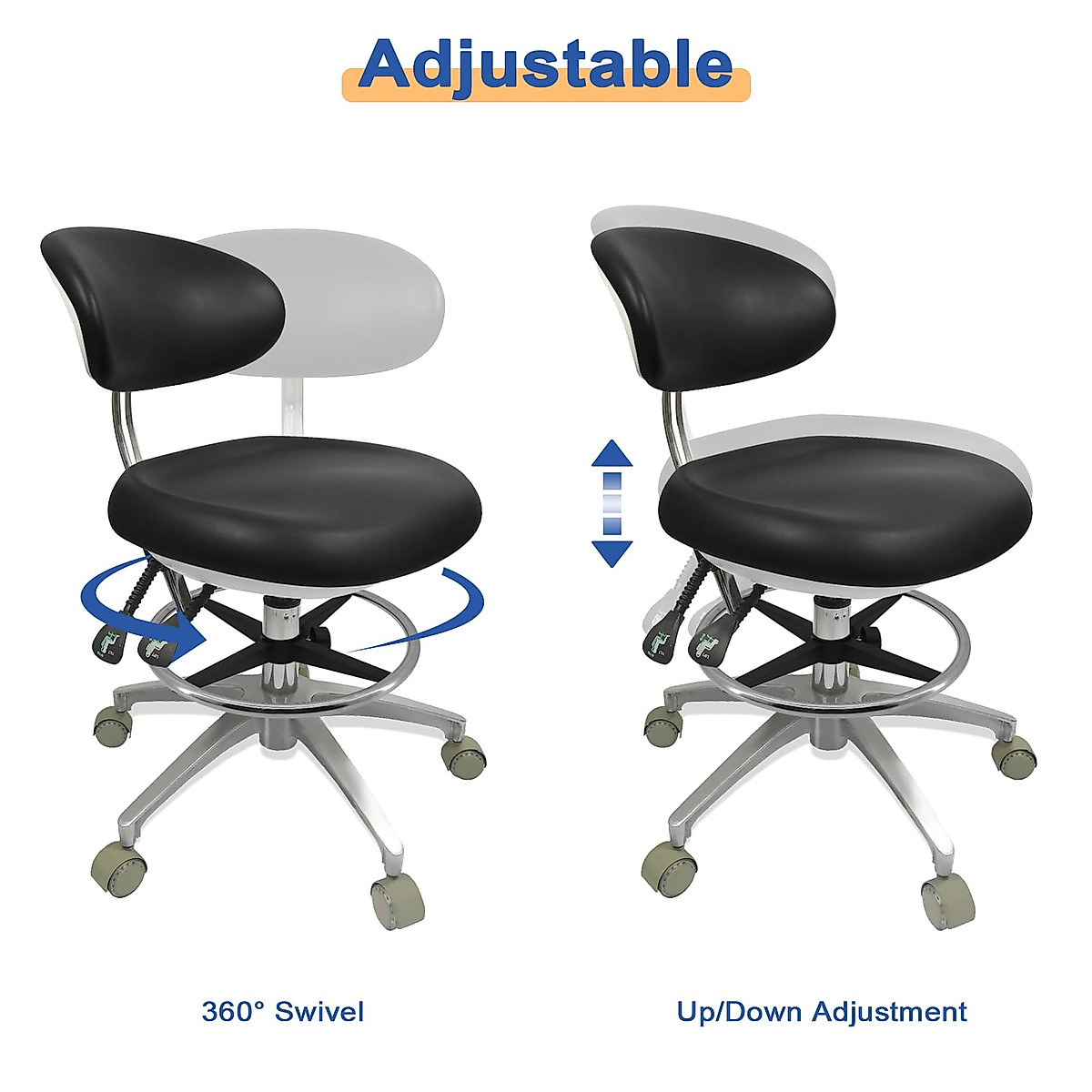 LIMKOMES Medical Dental Assistant Stool with Adjustable Backrest Rolling Ergonomic Swivel Seating Dentist Chair for Clinics, Dental Office, Lab-Black