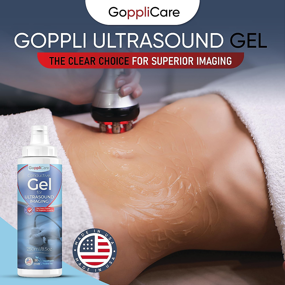 Goppli Medical Imaging & Therapy Ultrasound Gel - 2 Pack, 8.45 fl oz (250mL) Each - Non-Greasy, Unscented, Hypoallergenic - Ideal for TENS Units & Baby Dopplers - Medical Grade Quality, Made in USA