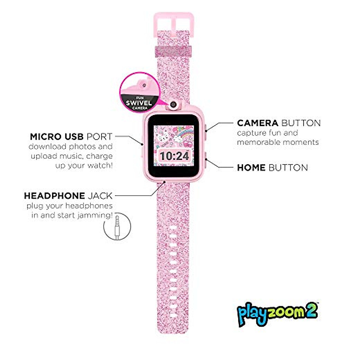 Kids Smartwatch PlayZoom 2 with Swivel Selfie Camera, STEM Learning, 20+ Games, Audio Bedtime Stories, Store Music for Kids Toddlers Boys Girls Fuchsia Glitter
