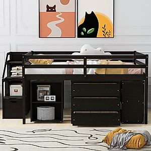 Merax Retractable Writing Desk and 3 Drawers, Wooden Loft Bed with Storage Stairs and Shelves, Espresso