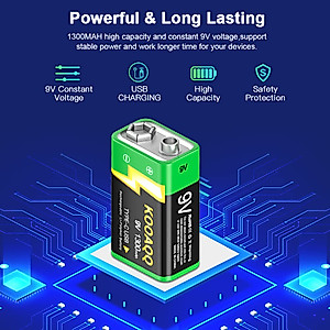 4-Pack Rechargeable 9V Batteries, High Capacity 1300mAh 9 Volt Lithium-ion Long Lasting Power, USB-C Recharge with 2 in 1 Charging Cable for Smoke Alarms,Multimeters,Toys,Microphones,Walkie-Talkie