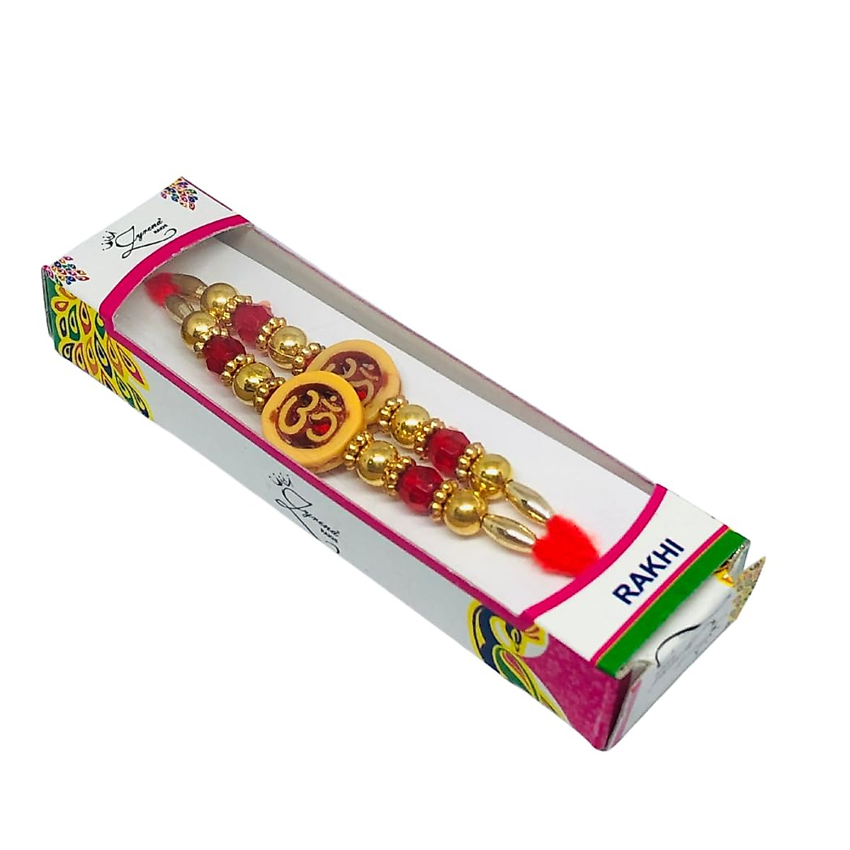 ZYRENA Rakhi for Brother Bhaiya Bhabhi, Gift Rakhi for Family, Raksha Bandhan Festival Rakhi for Bhaiya and Bhabhi, Round Om Pendant with Red-Golden Beads and Rings Rakhi Thread, Pack of 2