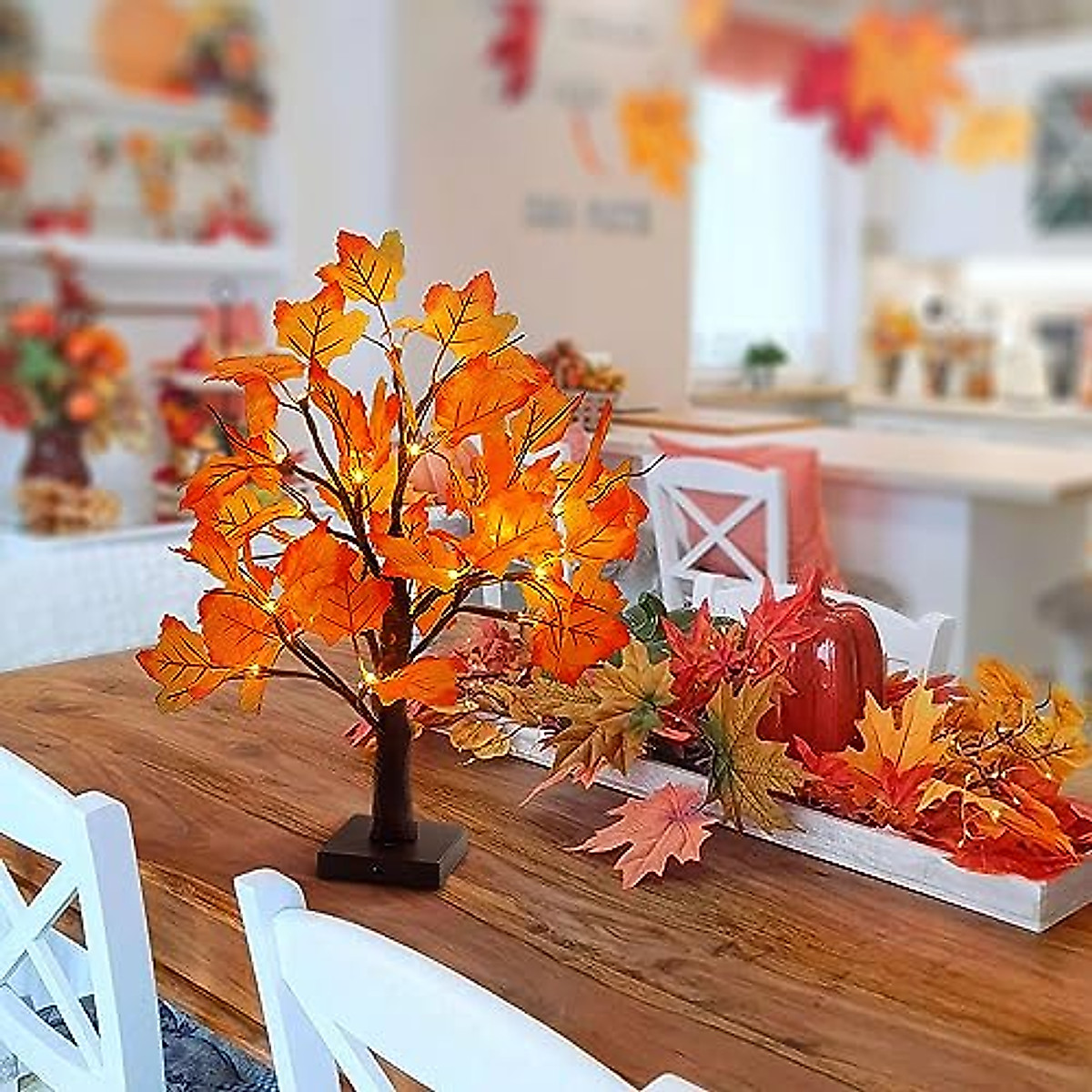 Woohaha 24LED Fall Tree Lighted Maple Tree,Thanksgiving Decoration Maple Leaf Table Tree,Timer Battery Operate Fall Decor Lights for Indoor Outdoor Holiday Autumn Harvest Xmas Party Home Decor