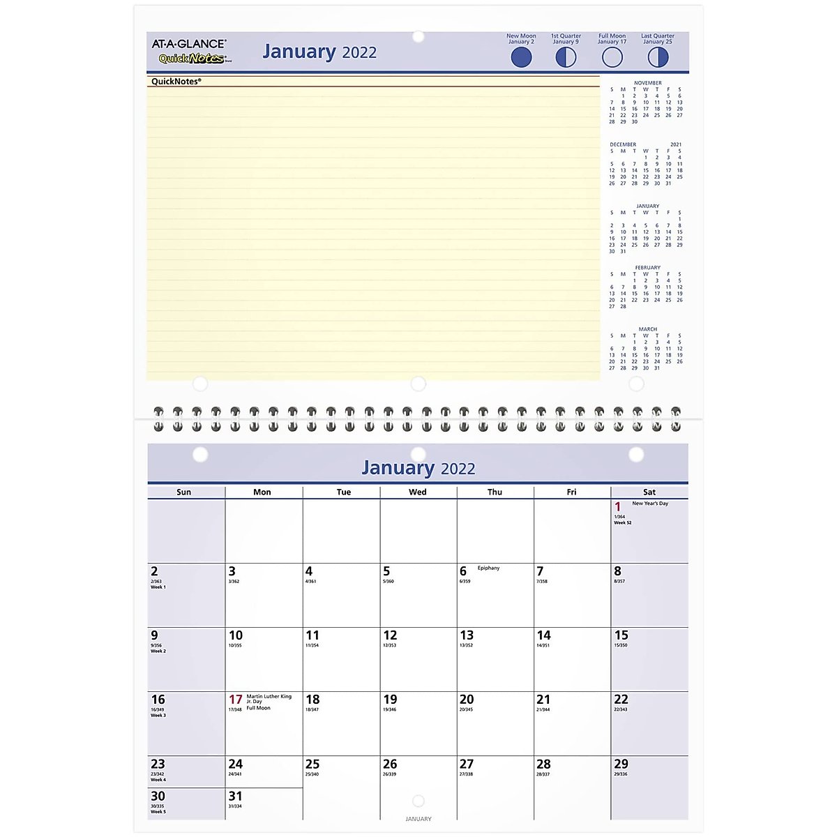 2022 Wall & Desk Calendar by AT-A-GLANCE, 11" x 8", Small, Monthly, Wirebound, QuickNotes, Daily Blocks 1-1/4” x 1-1/4” (PM5028)
