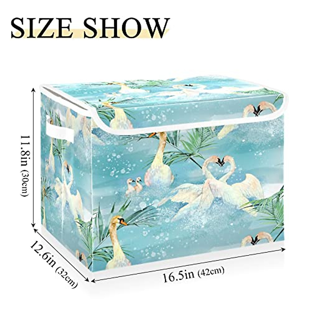 Kigai Storage Basket White Swan Watercolor Storage Boxes with Lids and Handle, Large Storage Cube Bin Collapsible for Shelves Closet Bedroom Living Room, 16.5x12.6x11.8 In