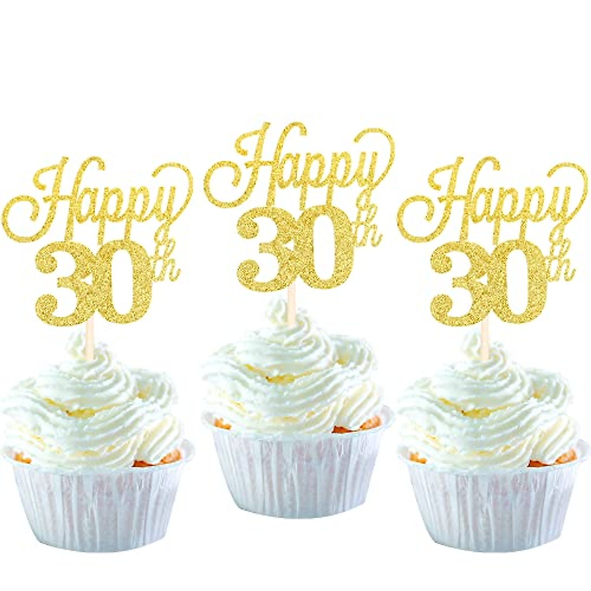 24 Pack Happy 30th Cupcake Toppers Glitter Number 30 Cheers to 30 Cupcake Picks 30th Birthday Wedding Anniversary Party Cake Decorations Supplies Gold