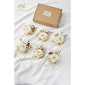 Meldel Champagne Prom Flower Wrist Corsage for Wedding, Set of 6, Rose Wrist Flower for Mother of Bride and Groom , Bride Bridesmaid Girl Women Party, Homecoming Ceremony Anniversary