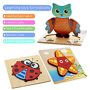 Montessori Toys for 1 2 3 Year Old Boys Girls Wooden Toddler Puzzles Kids Infant Baby Educational Learning Toys for Toddlers 1-3 Gifts 6 Animal Shape Jigsaw Eco Friendly Travel STEM Building Toy Games