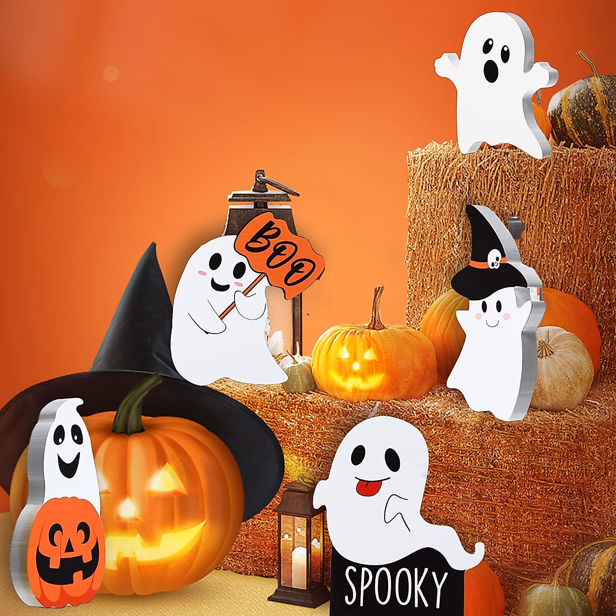 5 Pcs Halloween Wooden Decor Cute Ghost Halloween Tiered Tray Decorations Set Mini Ghost Kit Pumpkin Blocks for Indoor, Desk, Fireplace, Kitchen, Shelf Display, Table