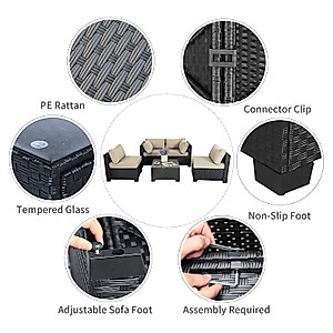 Outdoor Patio PE Wicker 5 Piece Furniture Set, Black Rattan Sectional Conversation Sofa Chair with Coffee Table,Khaki Cushion