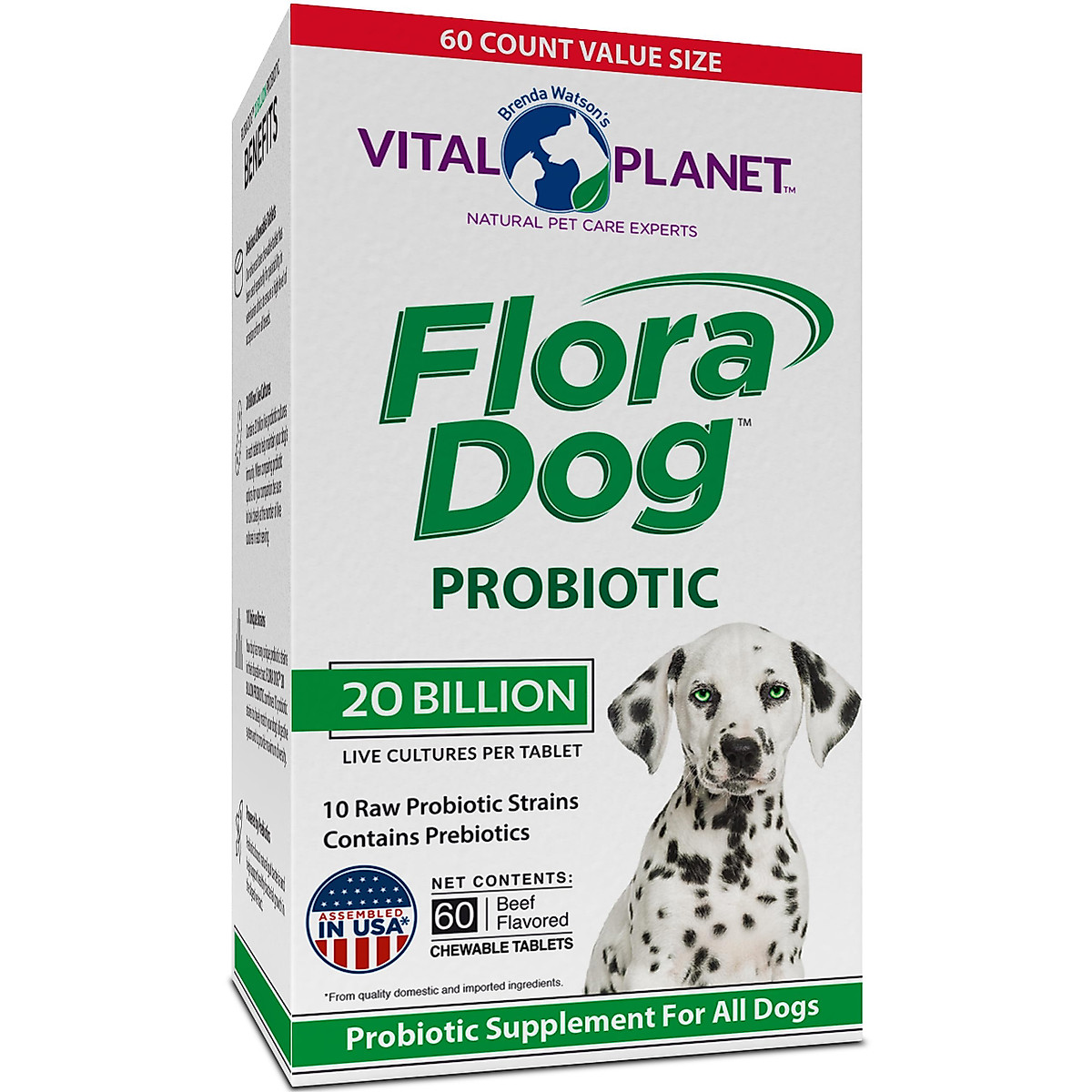 Vital Planet - Flora Dog Probiotic Chewable Tablets Supplement with 20 Billion Cultures and 10 Strains, High Potency Immune and Digestive Support Probiotics for Dogs, 60 Beef Flavored Chewable Tablets