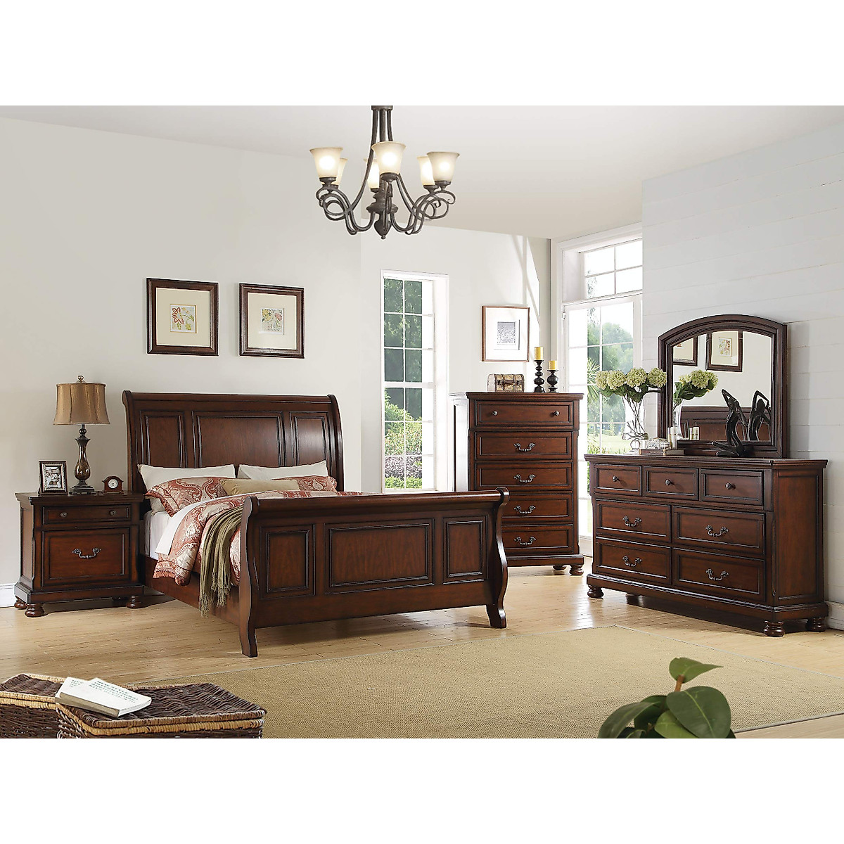 simple relax Pine Wood Cal King Sleigh Bed, Cherry Brown