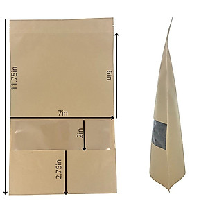 All Day Gourmet 100 pcs Kraft One Pound Stand Up Pouches, Ziplock Bags with Transparent Window, Reusable, ReSealable Tab Lock Brown Window Cookie Coffee Treat Bags-7.0X11.8 inches, ADGW1POUND