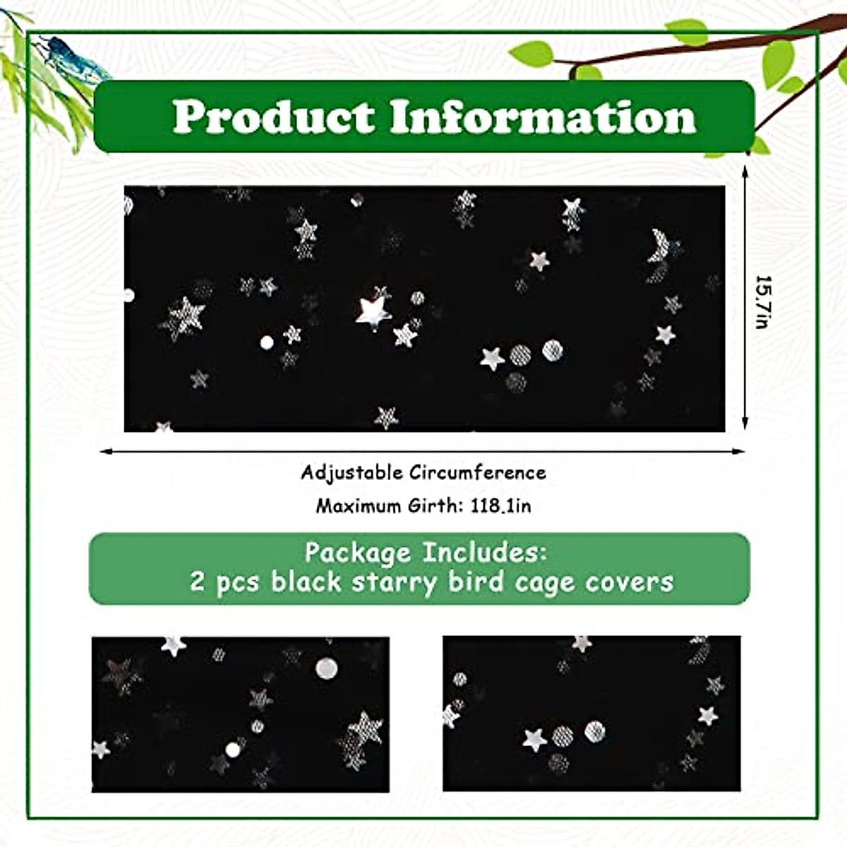 ZOCONE 2 PCS Adjustable Bird Cage Net Cover, Bird Seed Guards & Catchers, Starry Stretchy Adjustable Drawstring Bird Cage Mesh Net Cover, Round Square Birdcage Skirt (Black)