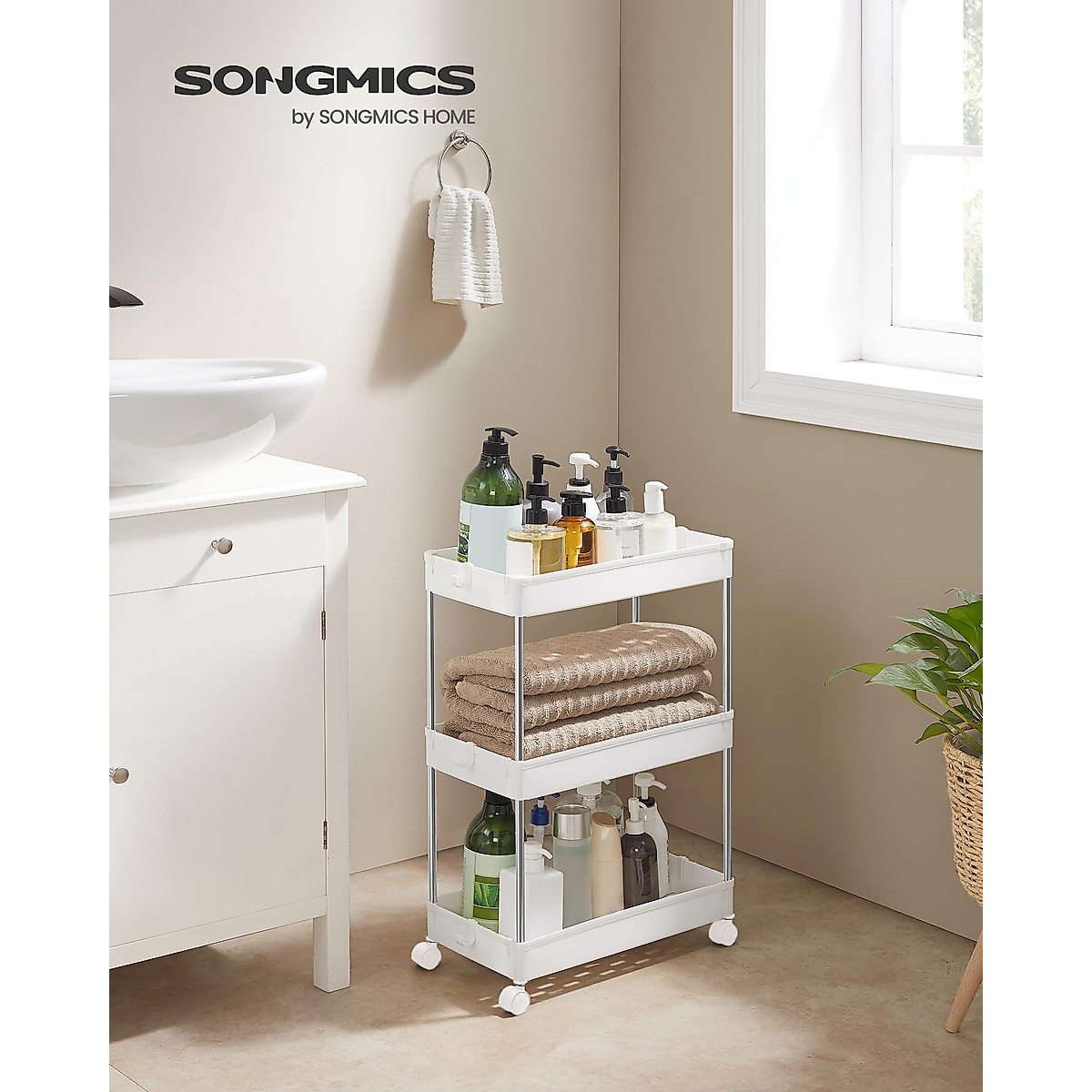 SONGMICS 3-Tier Rolling Cart, Storage Cart with Wheels, Space-Saving Rolling Storage Cart, for Bathroom, Kitchen, Living Room, Office, 15.7 x 8.7 x 23.6 Inches, White UKSC009W01