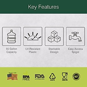 WaterPrepared 55 Gallon Unique Space Saving Stackable Design Utility Water Tank with Large Cap for Easy Filling and Spigots, Blue