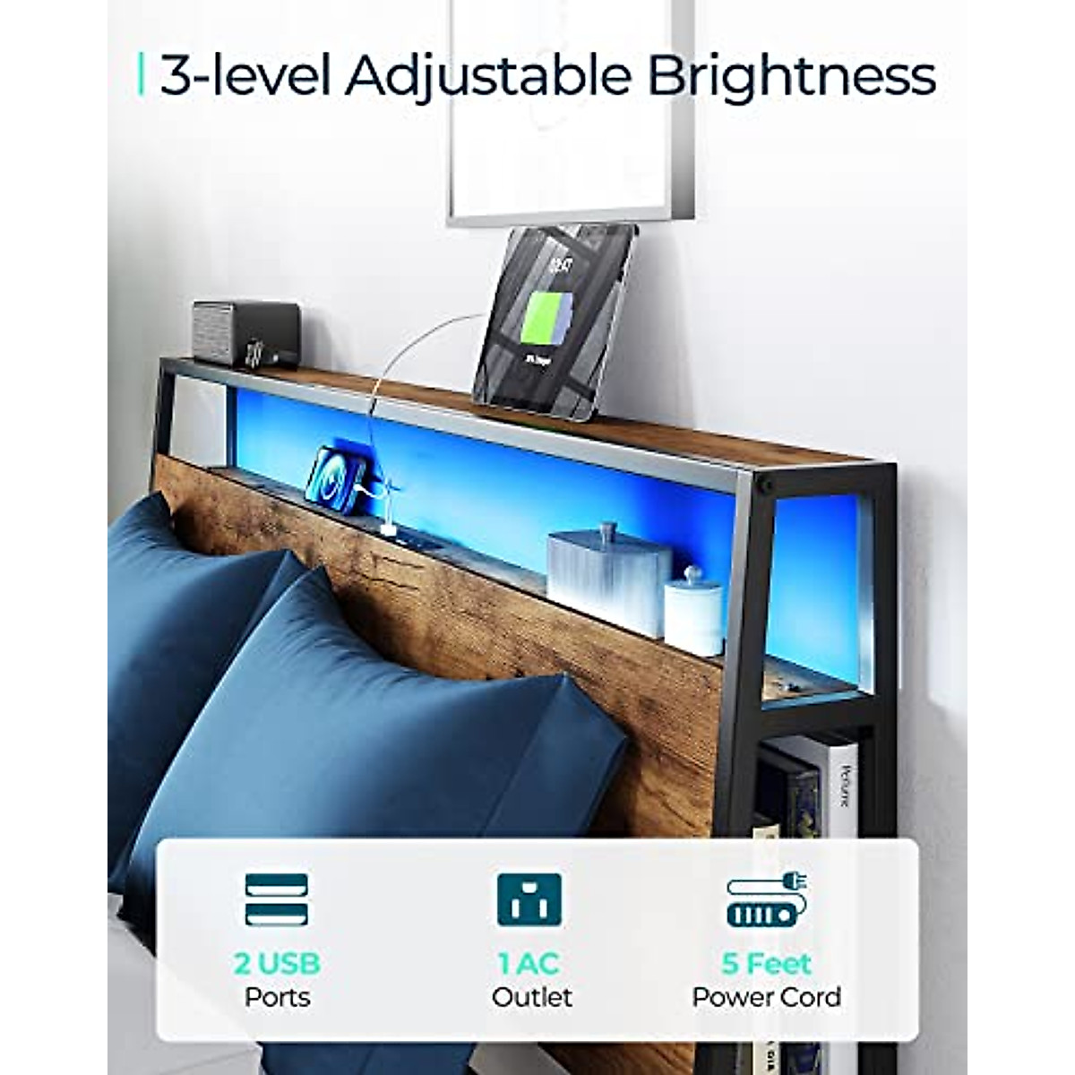 LINSY LIVING Full Size Bed Frame with Headboard, Fast Assembly Metal Industrial Bed Frame with Lights & Charging, 14 inch Full Bed Frame with Storage, No Box Spring Needed, Rustic Brown