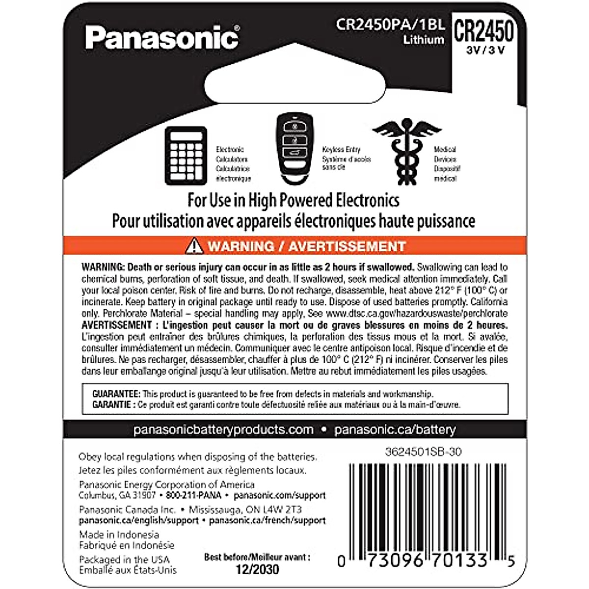 Panasonic CR2450 3.0 Volt Long Lasting Lithium Coin Cell Batteries in Child Resistant, Standards Based Packaging, 1-Battery Pack