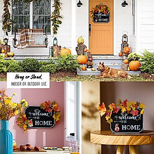 16 Inch Seasonal Welcome Sign Wreaths for Front Door with 12 Holiday Gnomes Interchangeable,Fall Decor Hanging Porch Door Signs,DIY Long Maple Garland (Black)