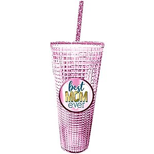 Spoontiques - Diamond Tumbler - Textured Cup with Straw - Double Wall Insulated and BPA Free - 20 oz - Mom