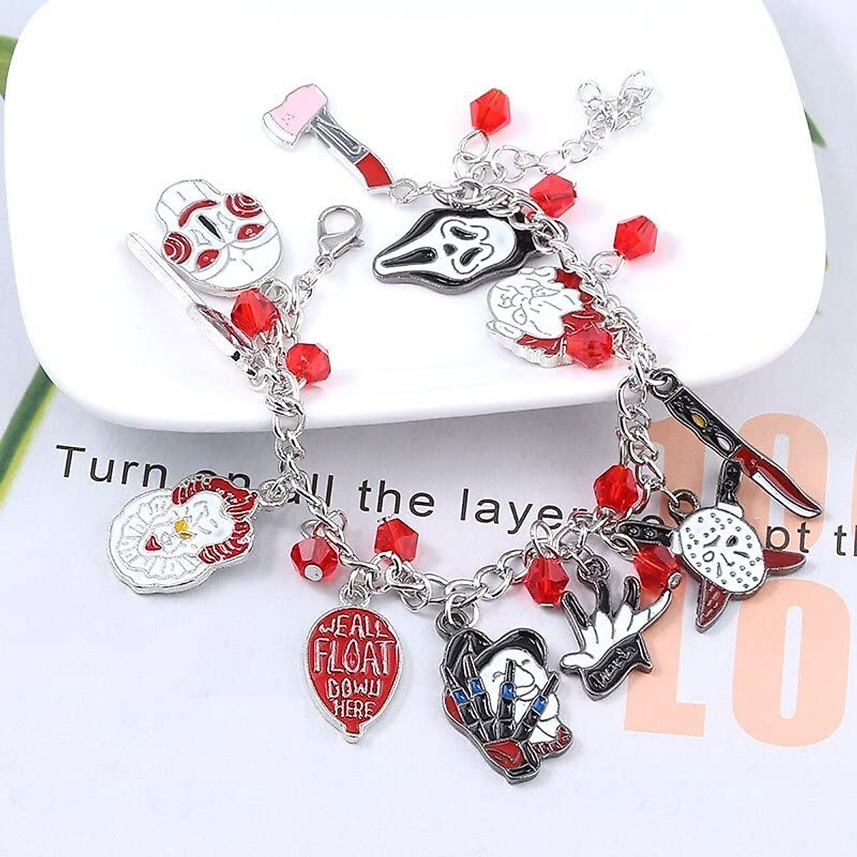 Blingsoul Classic Horror Movie Charm Bracelet For Women - Chaki Merchandise Halloween Jewelry for Women Men | [J100029] Jasun Vorhes | Red/Silver