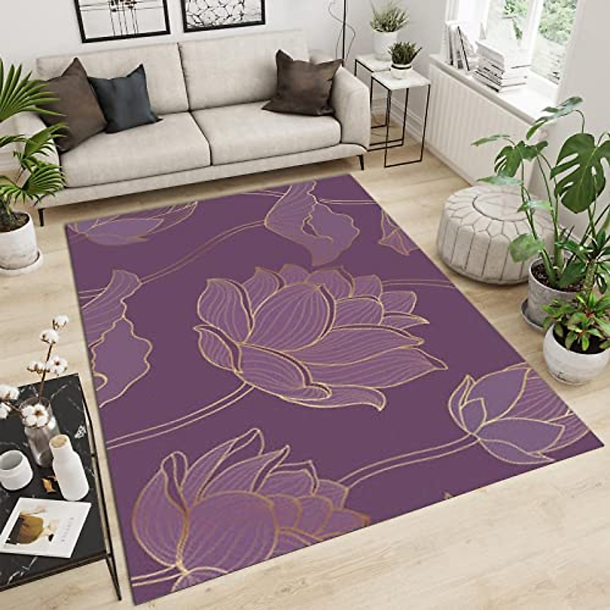 Purple Gold Lotus Area Rug, Fashion Simple Light Luxury Indoor Non-Slip Kids Rugs, Machine Washable Breathable Durable Carpet for Front Entrance Floor Decor,5 x 7ft