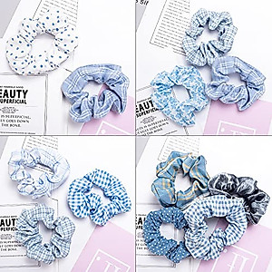 10pcs Cute Plaid Hair Ties Printed Hair Scrunchies Ponytail Holder Colorful Hair Elastics Bands Hair Accessories for Women Girls (Blue)