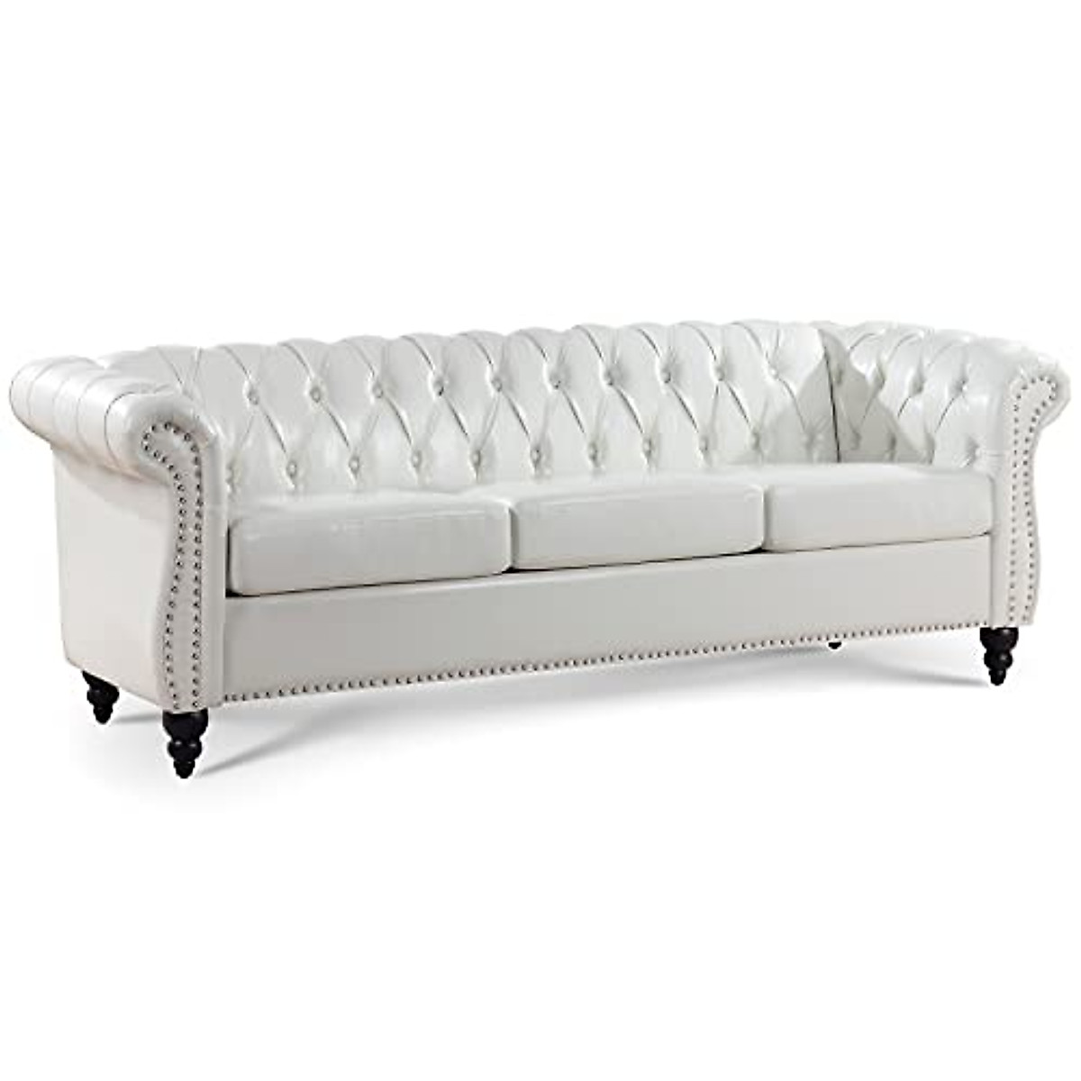 Wlvos 84" Leather Chesterfield Sofas for Living Room, Rolled Arm 3-Seater Large Couch Deep Button Nailhead Tufted Upholstered Couches for Bedroom, Office Apartment Easy to Assemble (Beige)