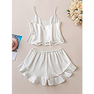 SOLY HUX Women's Sexy Silk Satin Ruffled Pajamas Sets Cami Shorts Sets Sleepwear Solid White M