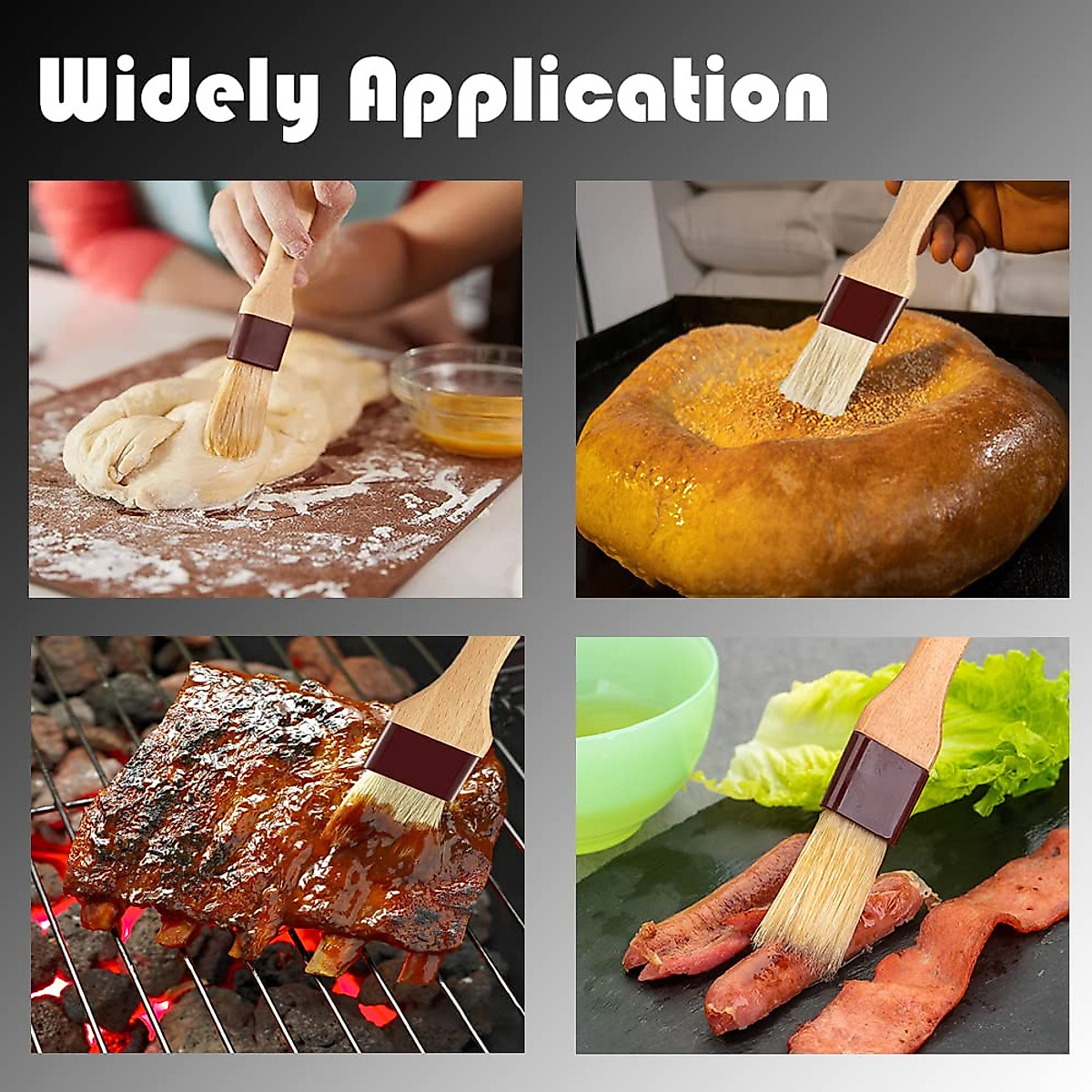 ANLIZY Pastry Brush for Cooking and Baking- 4 Pack Silicone Basting Brush and Food Brushes with Boar Bristles and Hardwood Handle Set for Kitchen, Grilling and Spreading Oil, Butter, BBQ Sauce (Black)