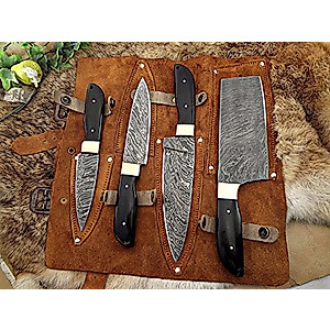 4 Pieces Chef Knives Set, Slicer, Chef, Cleaver Overall 37 inches Full Tang Hand Forged Damascus Steel Blade, Custom Made Leather Sheath