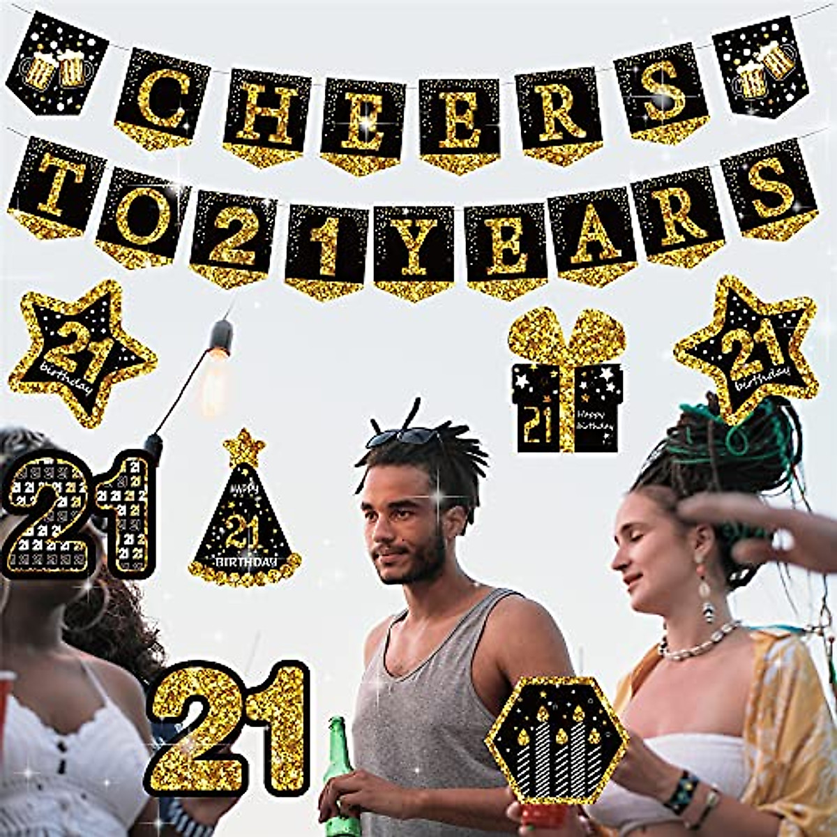 21st Birthday Decorations for him - (21pack) Cheers to 21 Years Black Gold Glitter Banner for him her, 6 Paper Poms, 6 Hanging Swirl, 7 Decorations Stickers. 21 Years Old Party Supplies Gifts for him