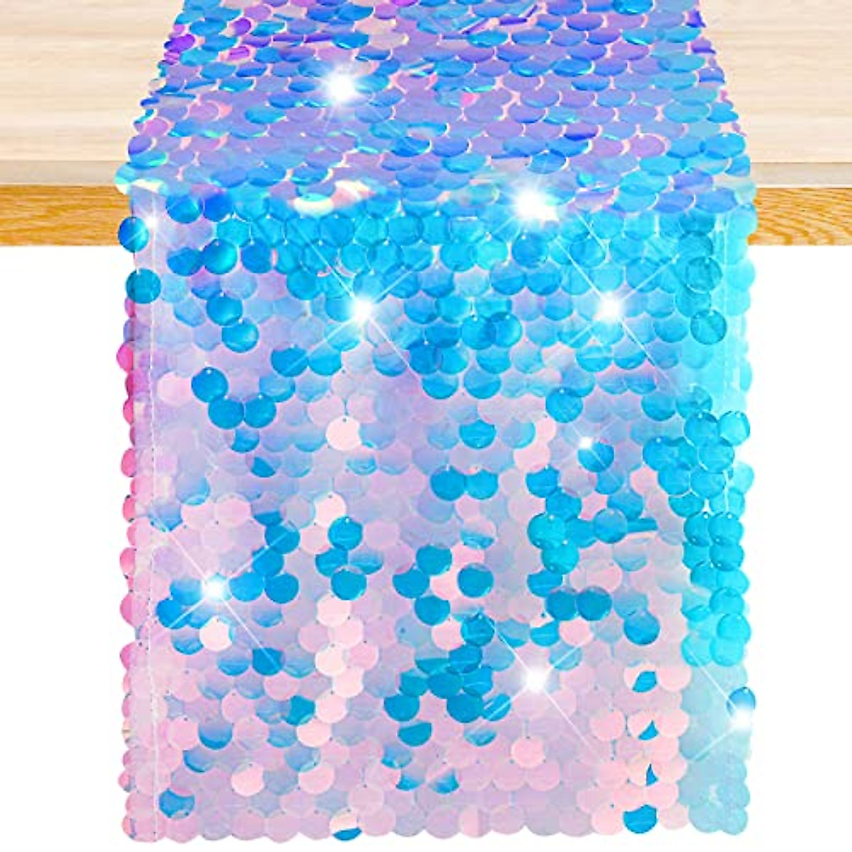 Mermaid Party Table Runner 12 x 84 Inches Mermaid Tail Scales Table Runner Glitter Holographic Sequin Table Cover for Ocean Under The Sea Party Decorations Mermaid Party Supplies (1)