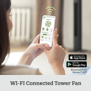 HOLMES 36" Smart WI-FI Connected Tower Fan, Alexa Fan, Voice Control, Oscillation, Digital Control Panel, Remote Control, 3 Speed Settings, 3 Modes, 15-Hour Auto-Shut Off Timer, Black Finish