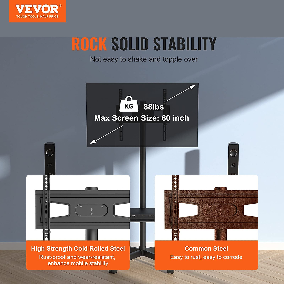 VEVOR Mobile TV Stand for 23-60 inch TVs Screen Holds up to 88lb, Height Adjustable Rolling TV Stand with Locking Wheels and Tray, Max VESA 400x400mm, Movable Floor TV Stand for Bedroom, Living Room