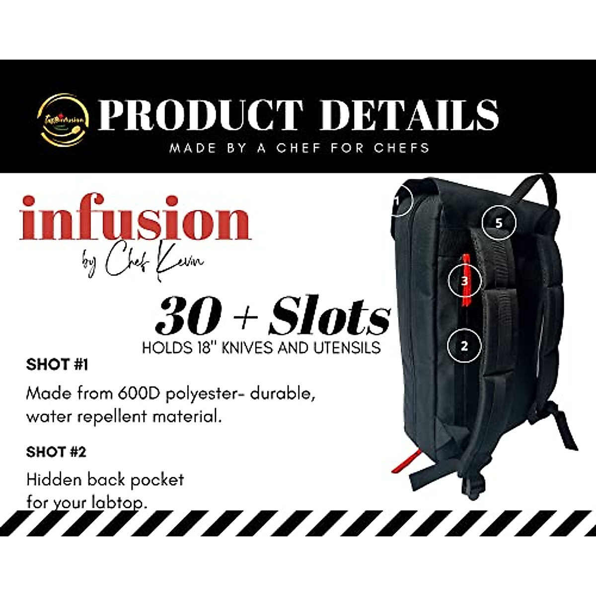 Infusion by Chef Kevin Knife Backpack | 30+ Slots for Knives & Utensils up to 18'' Padded Straps Hidden Back Pocket Computer Durable Spacious Modern| Water Repellant Chefs Culinary Students, Black