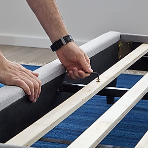 Lucid Queen Bedframe with Vertical Channeled Headboard — Upholstered Platform Bed — Easy Assembly — Queen Size — No Box Spring Needed — Stone Color