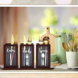 Gejoy Clear Acrylic Silverware Cutlery Caddy Utensil Holder with Wood Tray Spoon Fork Knives Flatware Dispenser for Kitchen Table Countertop Silverware Storage Organizer(Brown)