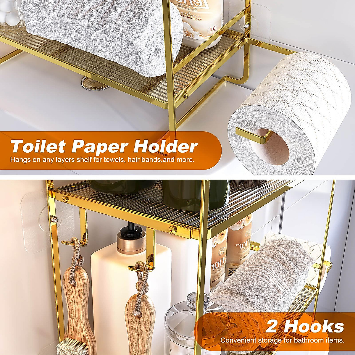 YIWANFW Over The Toilet Storage, Gold Over The Toilet Shelf Bathroom Organizers and Storage, 2-Tier Bathroom Shelves Over Toilet Bathroom Storage, Multi-Purpose Over Toilet Shelf Above Toilet Storage