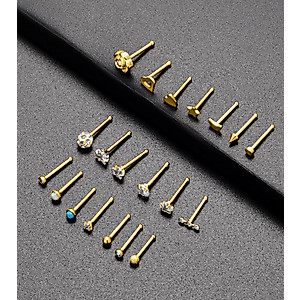 Tornito 20G 20Pcs Nose Ring CZ Nose Stud Retainer L Bone Screw Shaped Nose Piercing Jewelry Set for Women Men Stainless Steel Rose Gold Tone (D:20Pcs,Bone Shaped, Gold Tone)